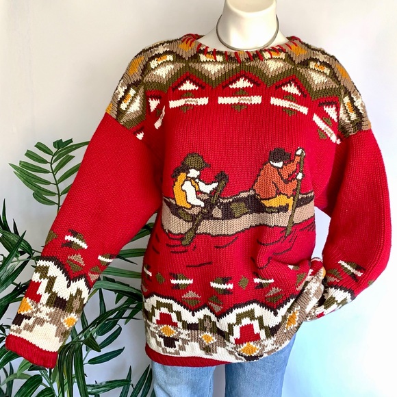 Vintage | Sweaters | V I N T A G E Rare Aztec Canoe Embroidered ...